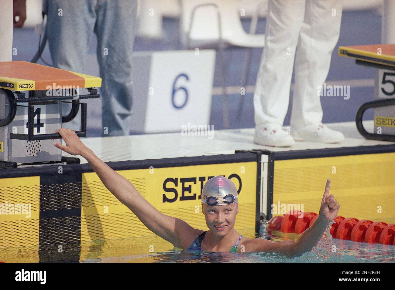 Germany's Franziska Van Almsick gestures after finishing the 200m ...