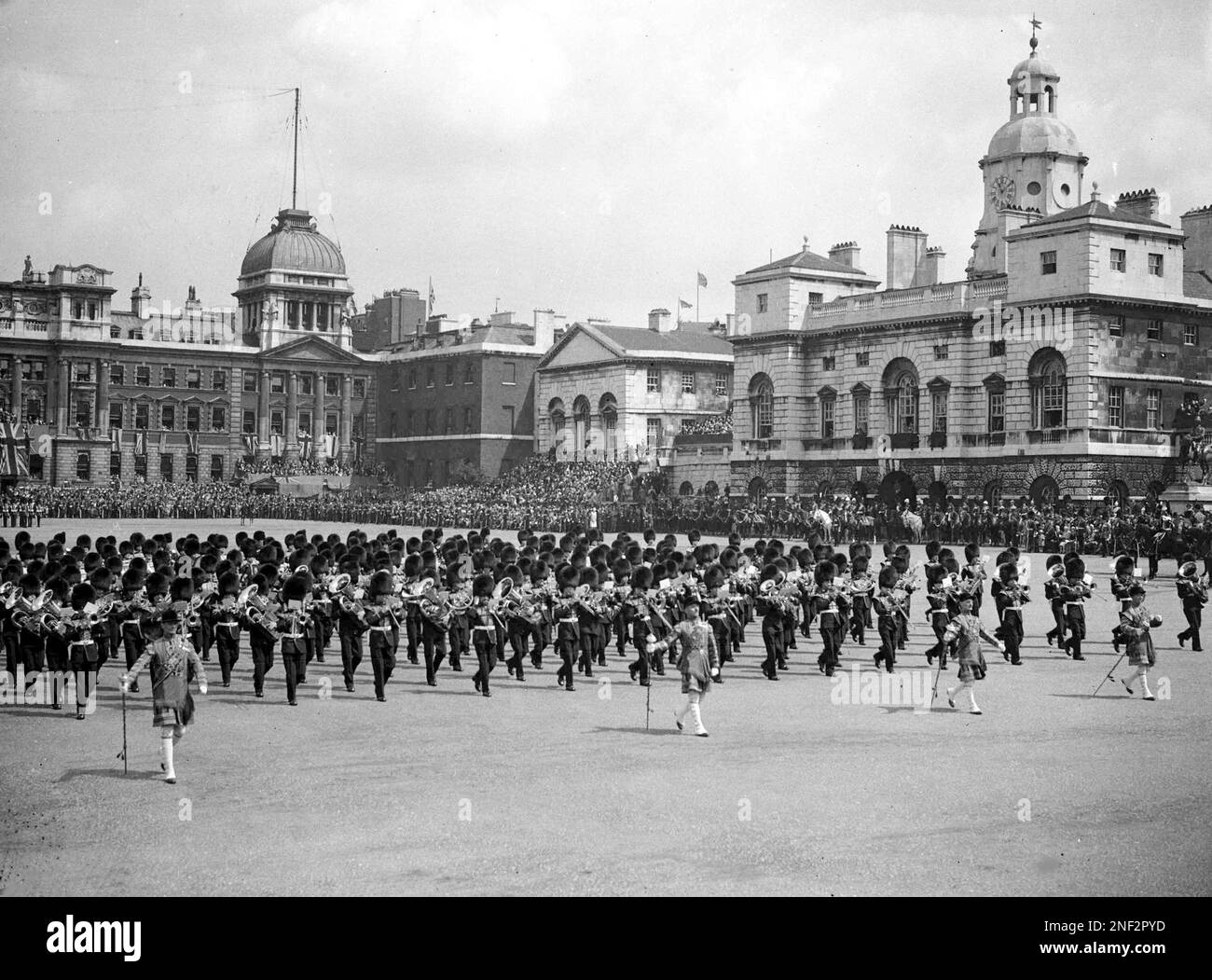 The massed bands parade across Horse Guards Parade, London, on June 6 ...