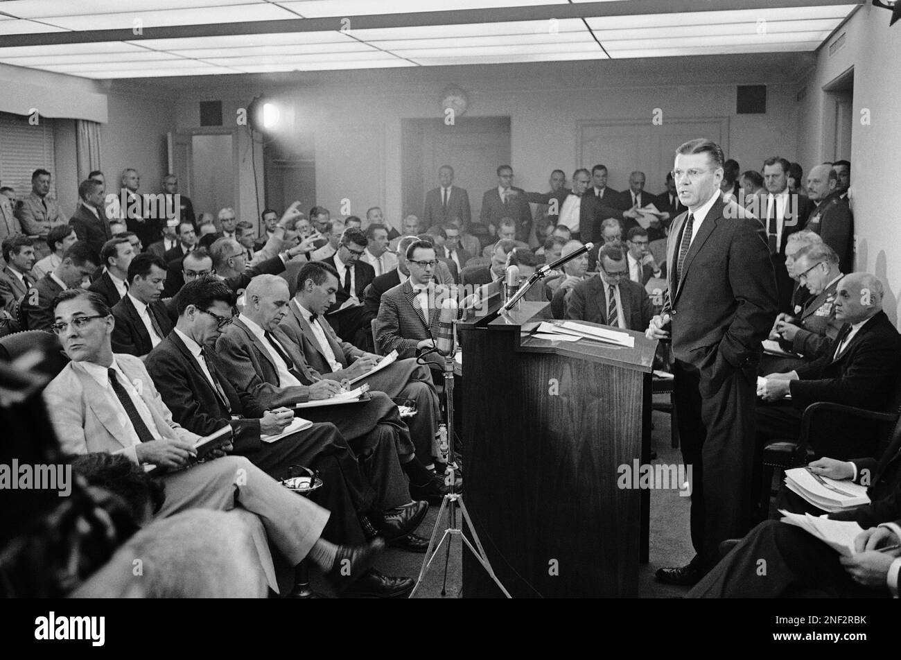 Secretary of Defense Robert McNamara tells reporters at the Pentagon in ...