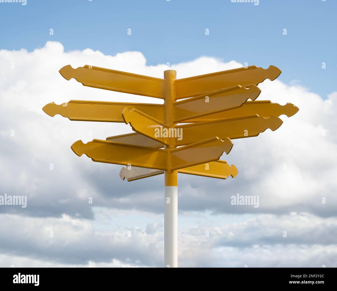 Sign of indecision concept, blank multiple direction signpost, multiple options, yellow empty ...