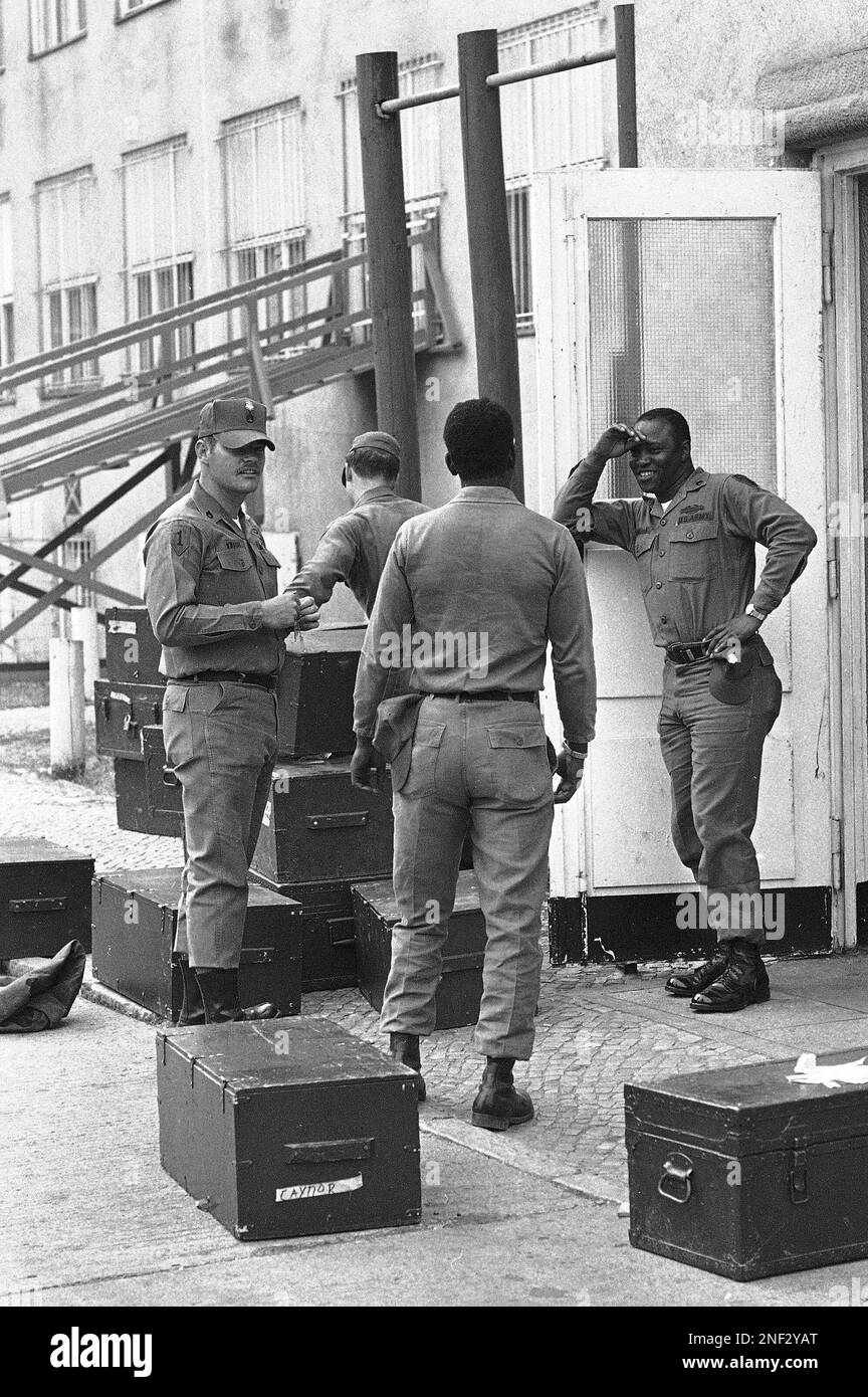 Black and white soldiers are shown in a kaserne at McNair Barracks in ...