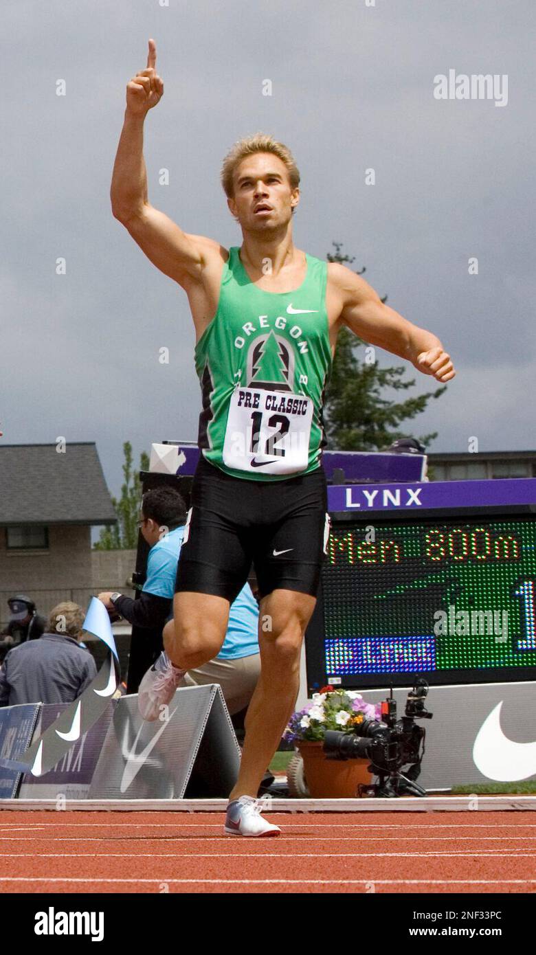 U.S. runner Nick Symmonds celebrates after winning the men's 800 meter ...
