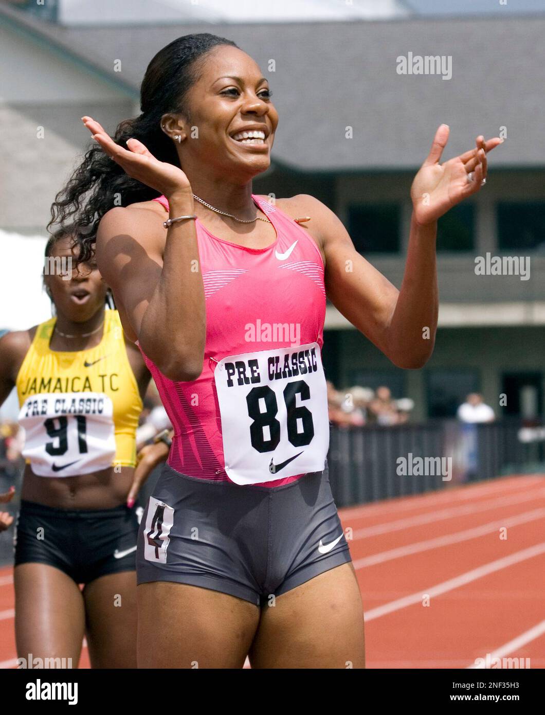 U.S. sprinter Sanya Richards celebrates after winning the women's 400 ...