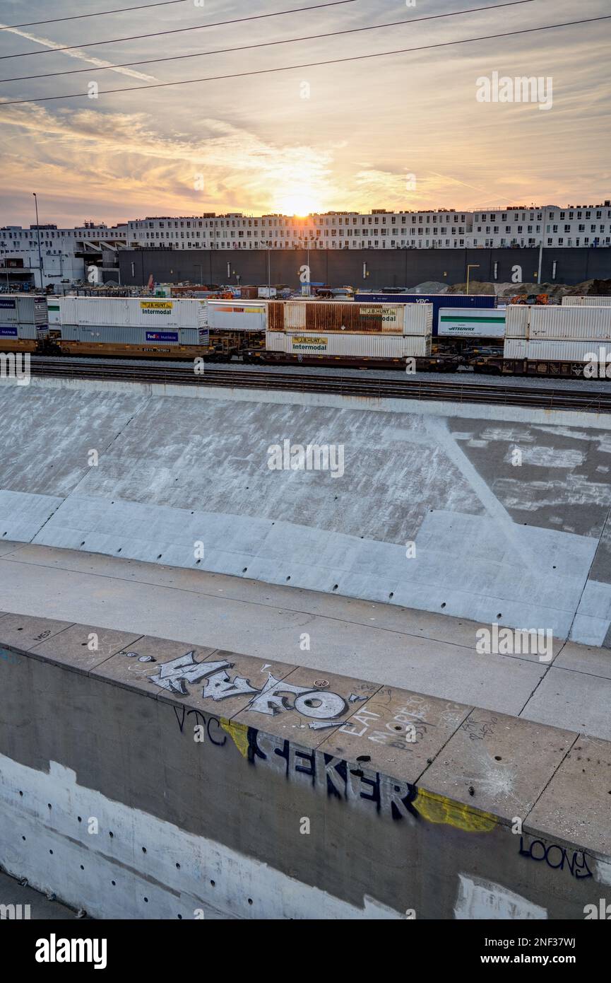 A vertical shot of an empty metro station at sunset in Los Angeles, CA ...