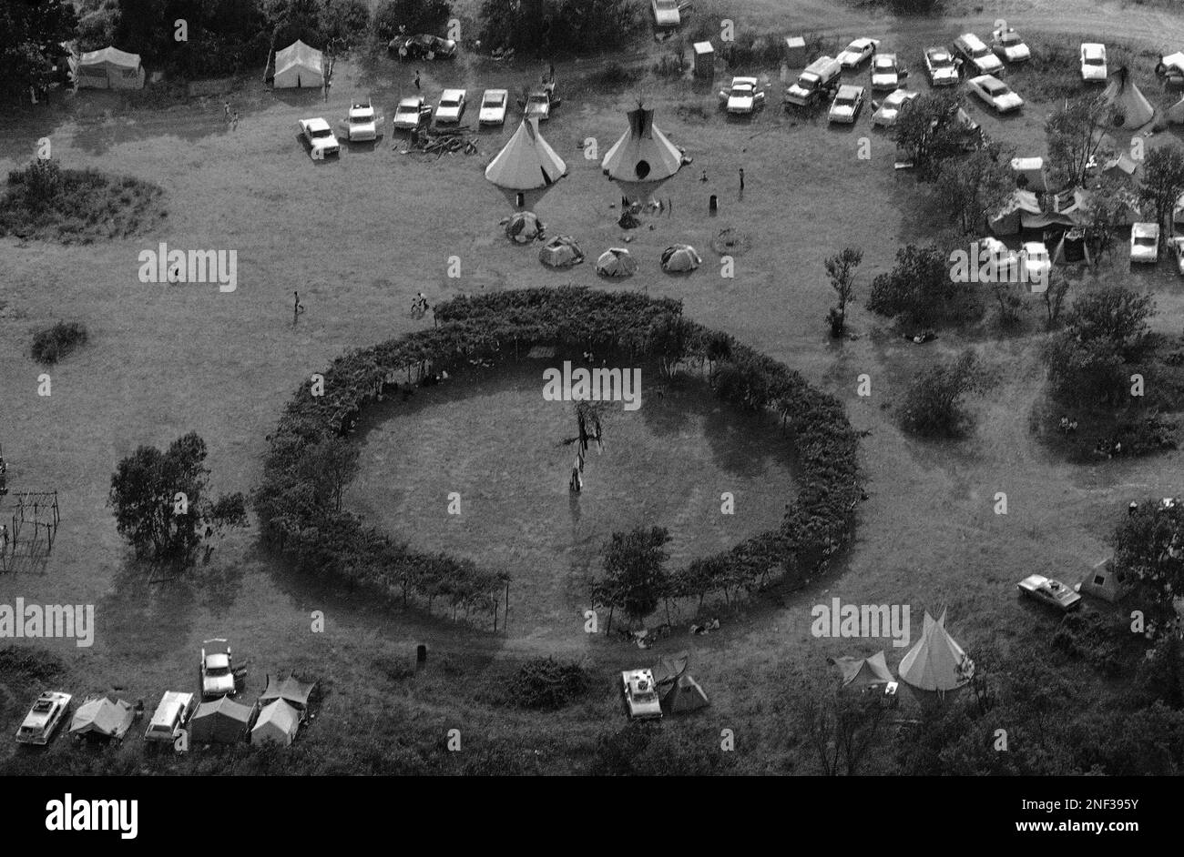 Aerial view shows site of the Sioux Indian Sun Dance west of Rosebud on ...