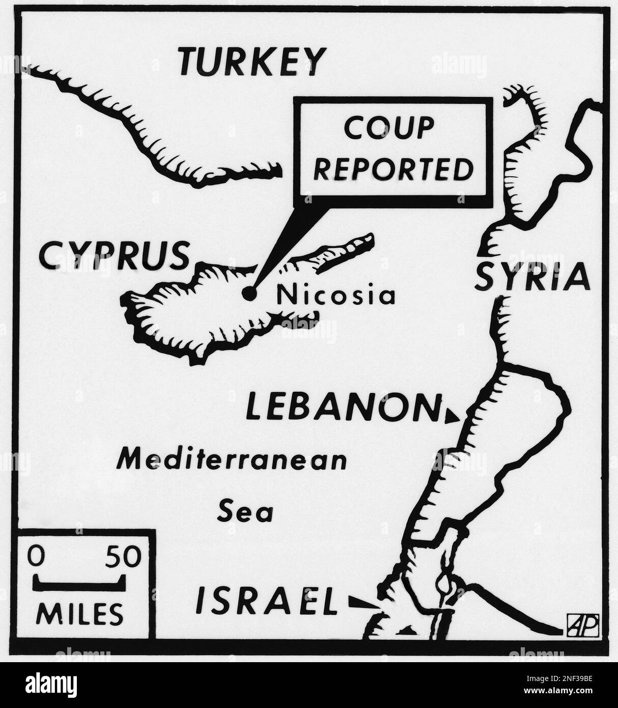Map locates in Nicosia, Cyprus, shown on July 15, 1974, where the ...