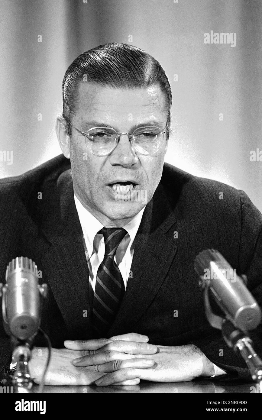 Secretary of Defense Robert S. McNamara tells a news conference in the ...