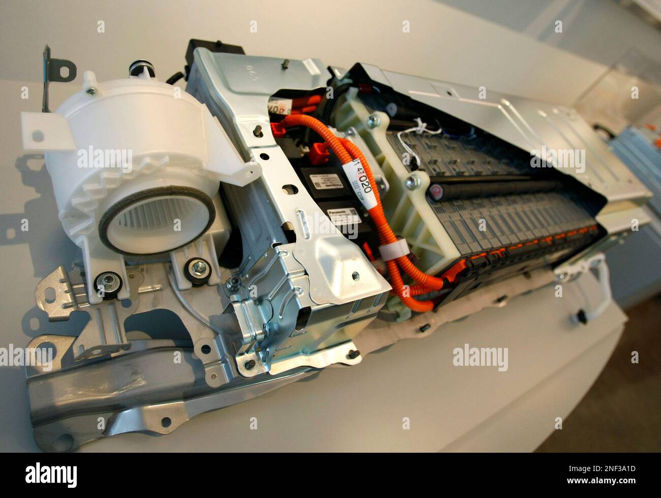 A model of Toyota Motor Corp.'s Prius battery pack is displayed at ...
