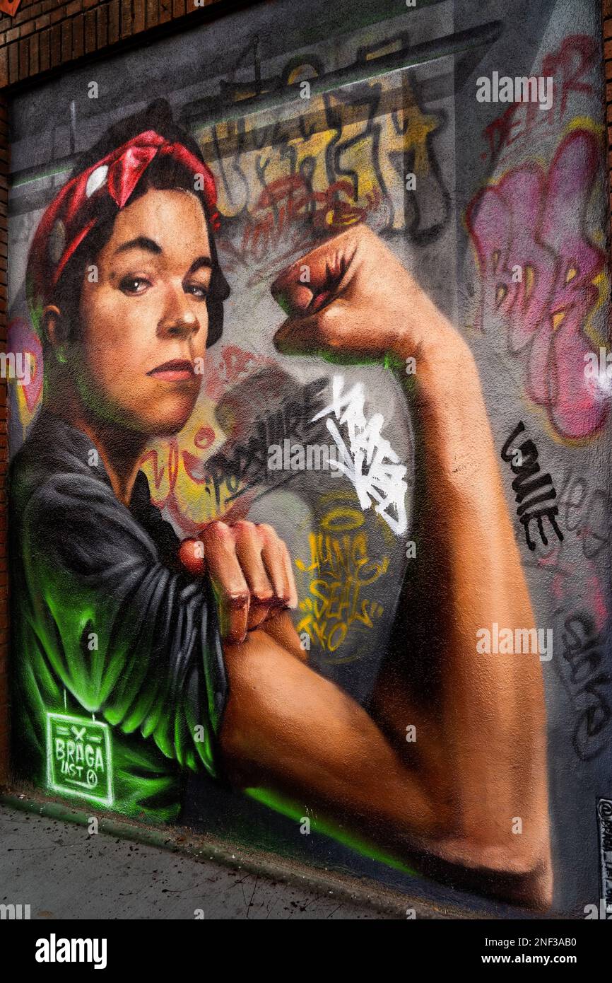 A graffiti of an American male on the walls in the city of Los Angeles ...