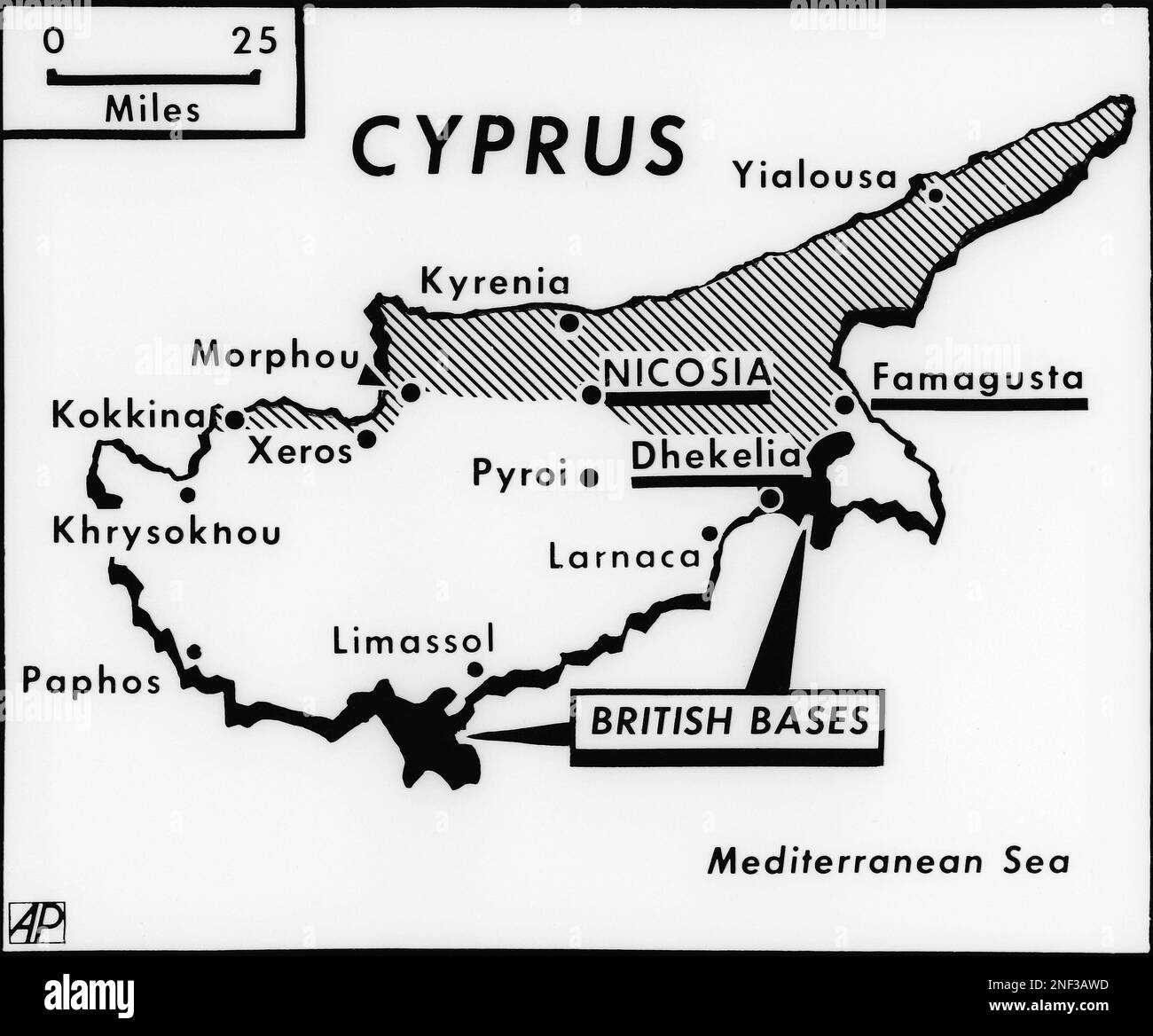 Map locates Mediterranean island of Cyprus with shaded area occupied by ...