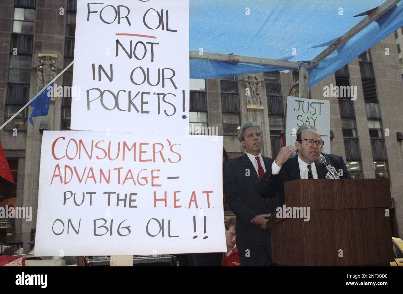 Attorney General Robert Abrams speaks at a rally held at the Exxon ...