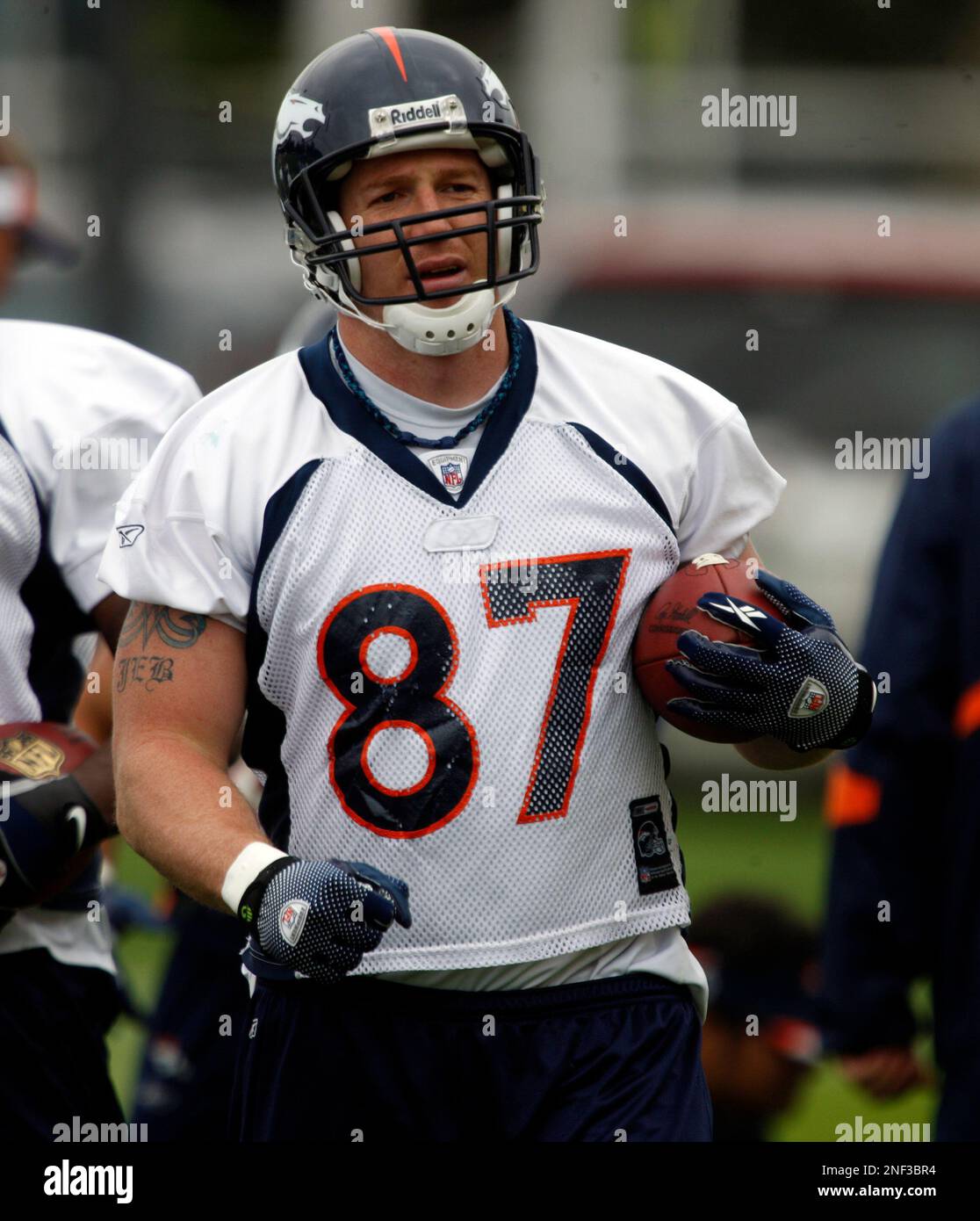 Denver Broncos tight end Jeb Putzier runs during drills at the team's ...
