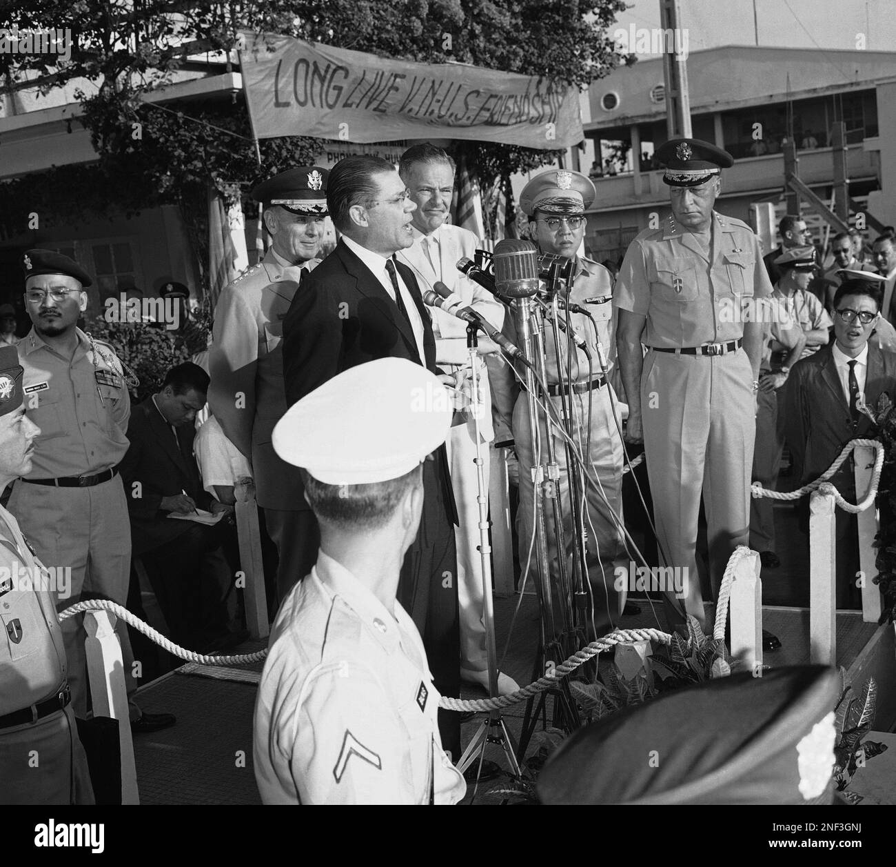 U.S. Defense Secretary Robert McNamara addresses welcome crowd at ...