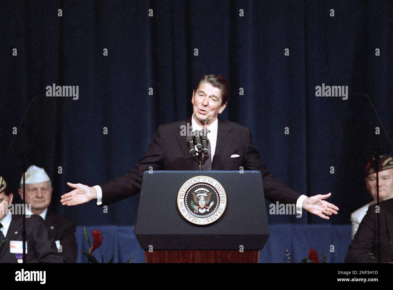 Communication looking away standing microphone gesturing hi-res stock ...