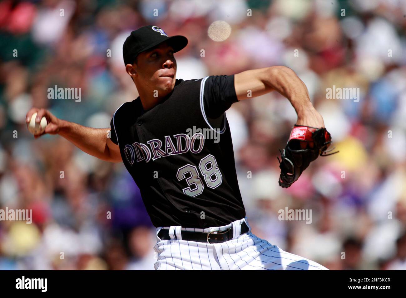 Colorado Rockies starting pitcher Ubaldo Jimenez works against the Los ...