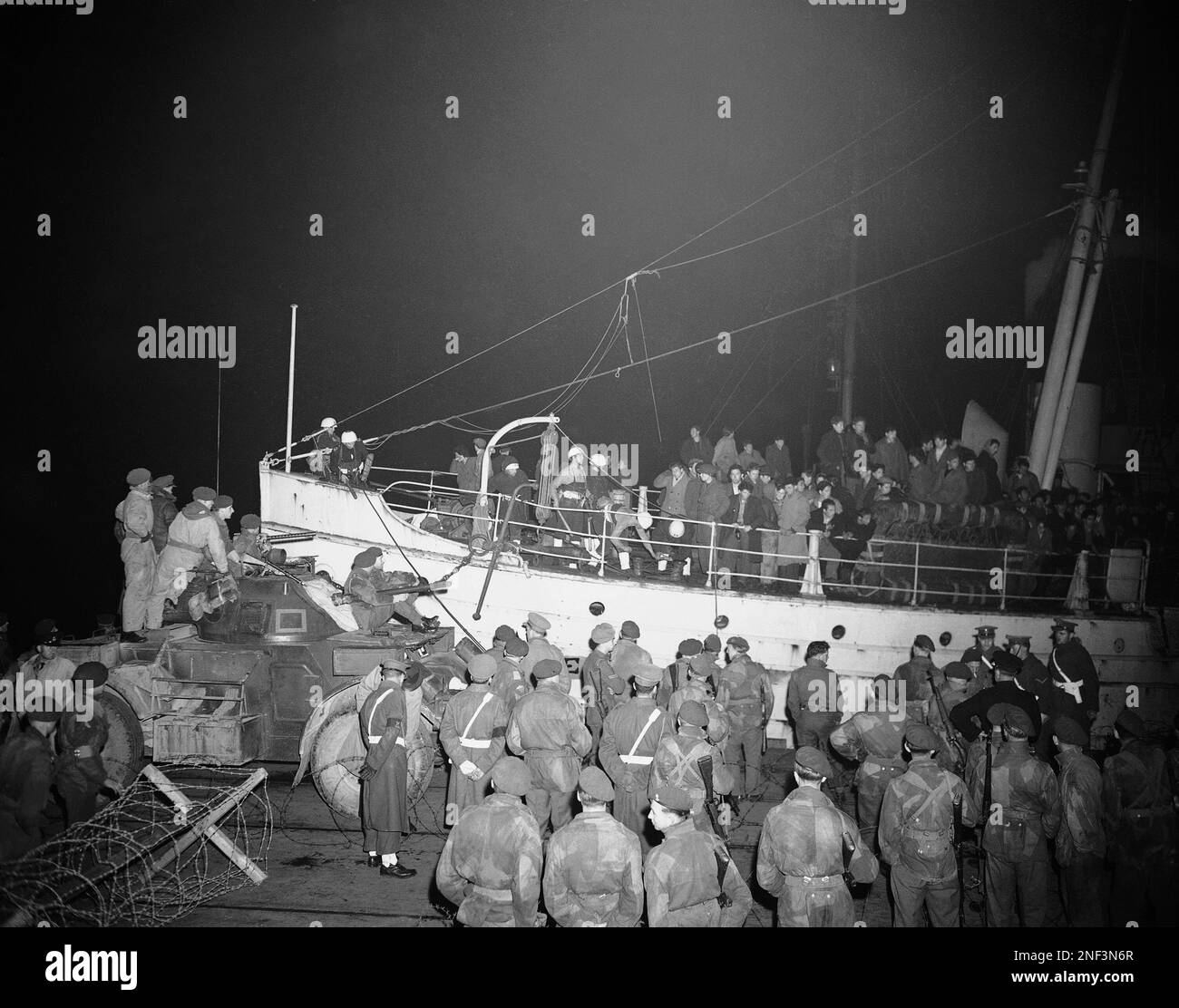 Long shots of the Jewish Refugee Ship “Heruth” docking with 800 ...