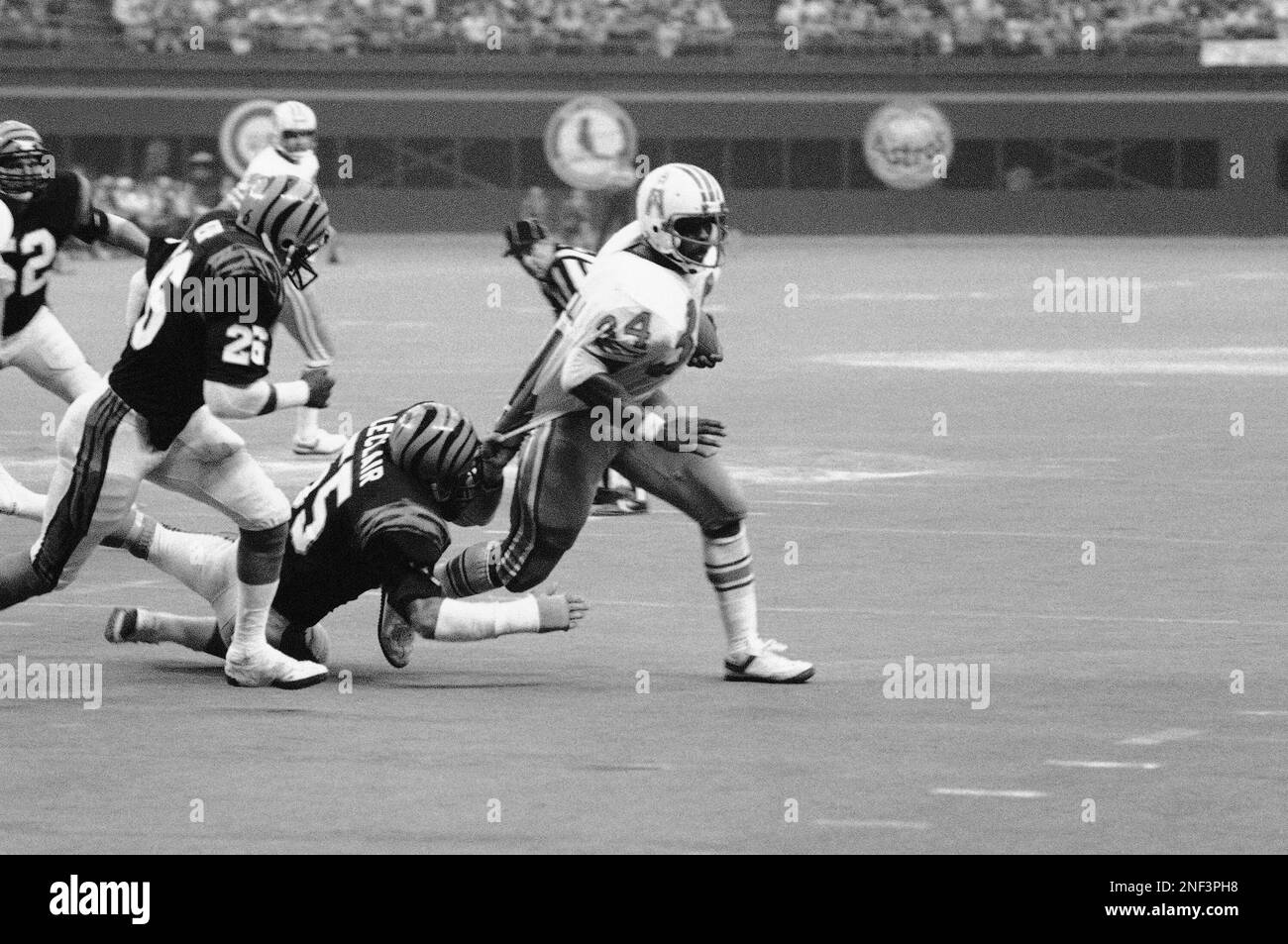 Cincinnati Bengals’ John LeClair (55) hanging onto the shirt tail of ...