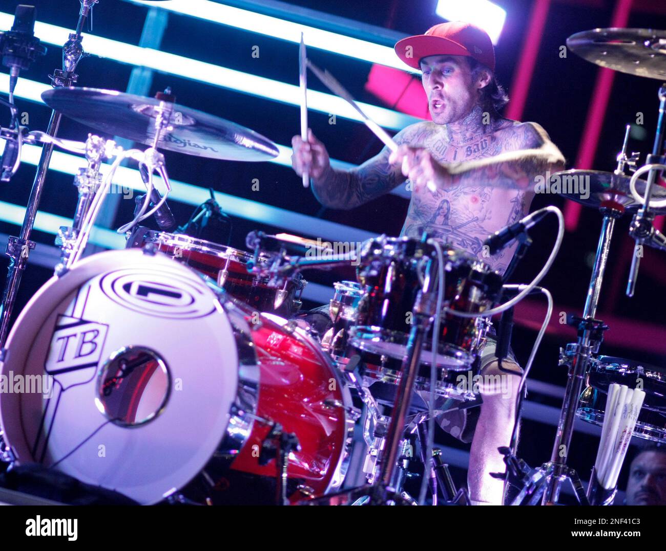 Drummer Travis Barker performs with his band TRV$DJ-AM at the T-Mobile ...