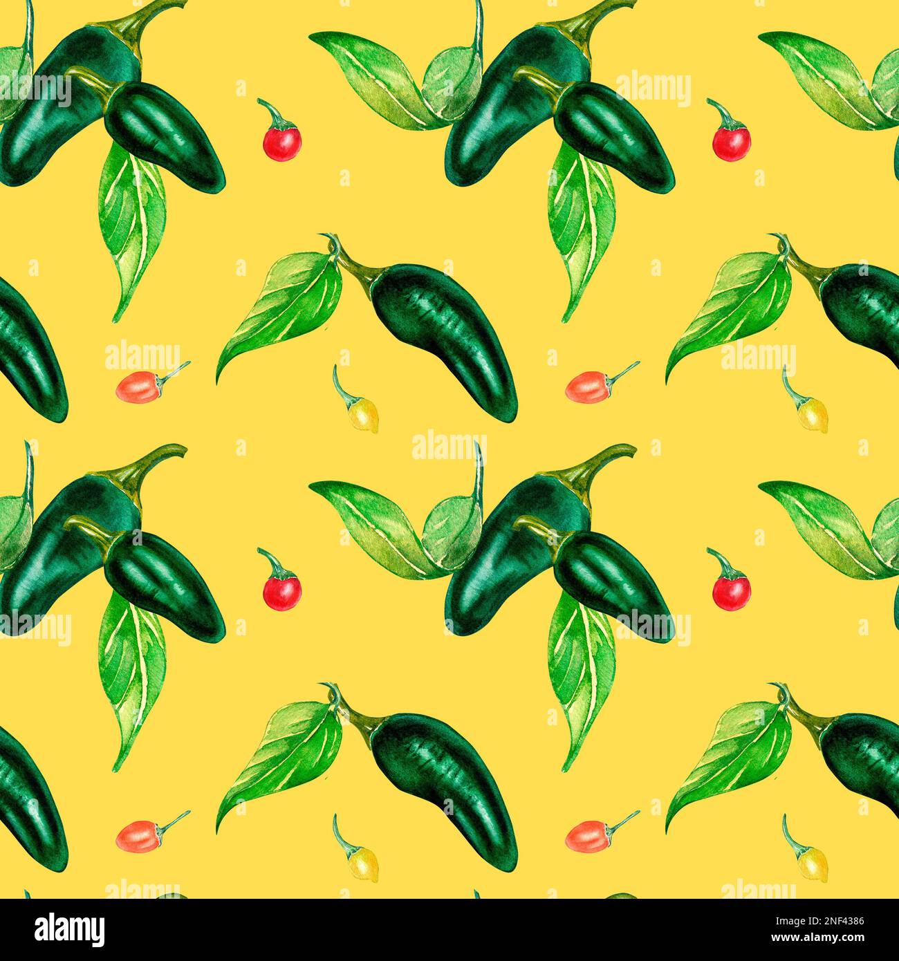 Jalapeno and little peppers. spicy watercolor seamless pattern isolated ...