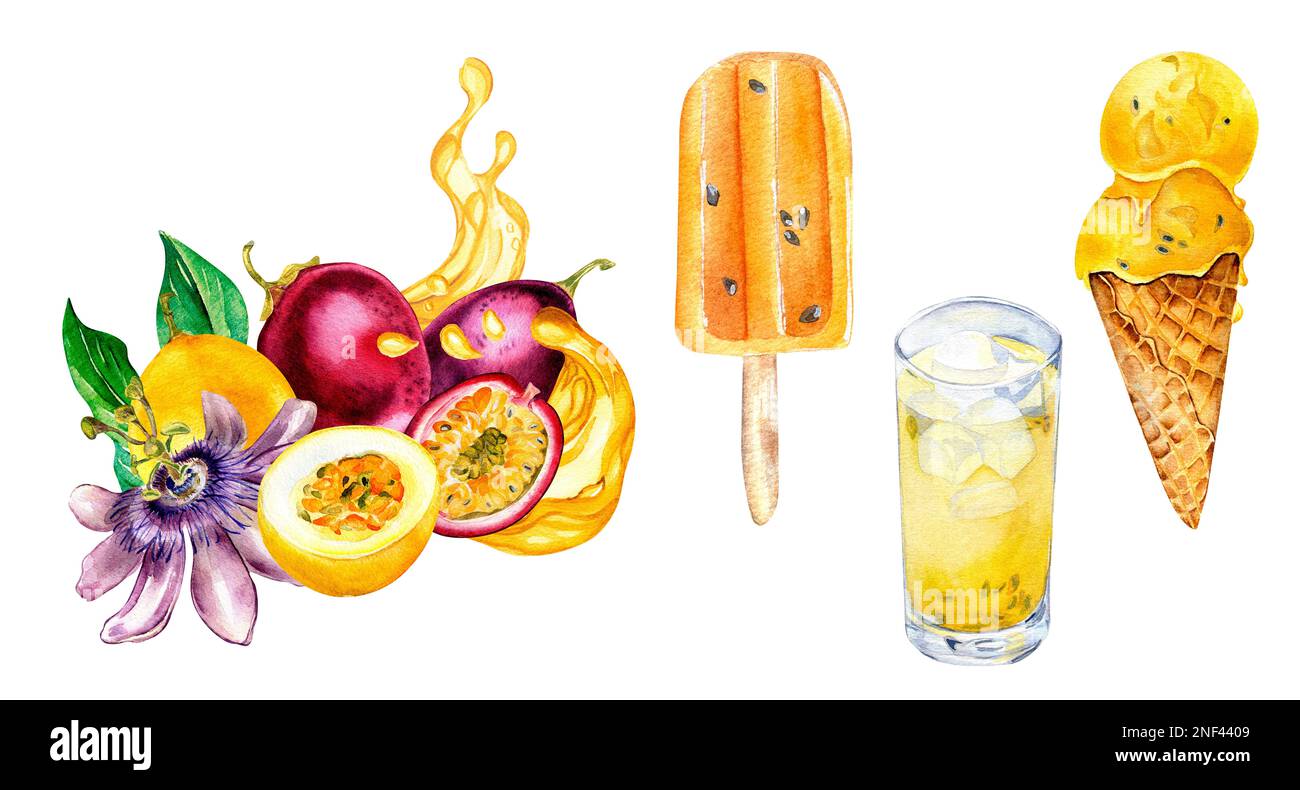 Composition of passion fruits, ice-cream watercolor illustration ...