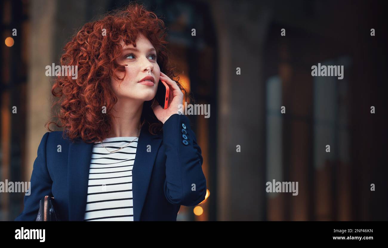 Phone call, thinking and business woman outdoor with mobile ...