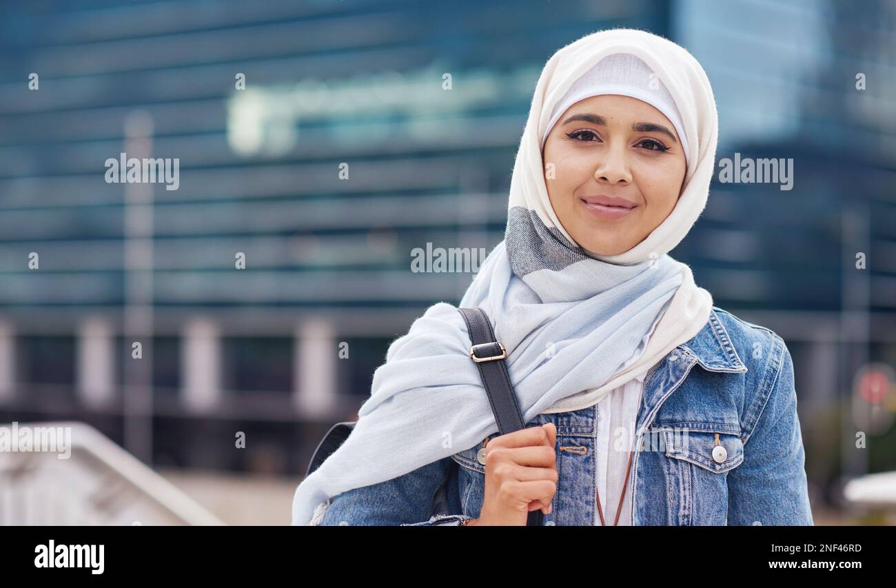 Muslim, portrait and woman in city for travel, goal and future career ...