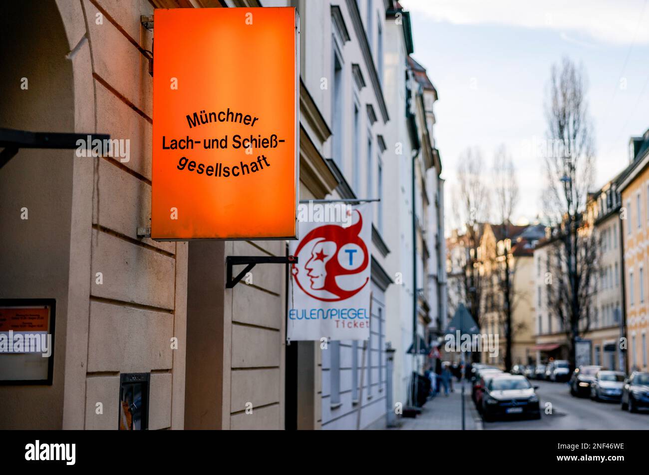 Munich, Germany. 16th Feb, 2023. An illuminated sign marks the entrance ...
