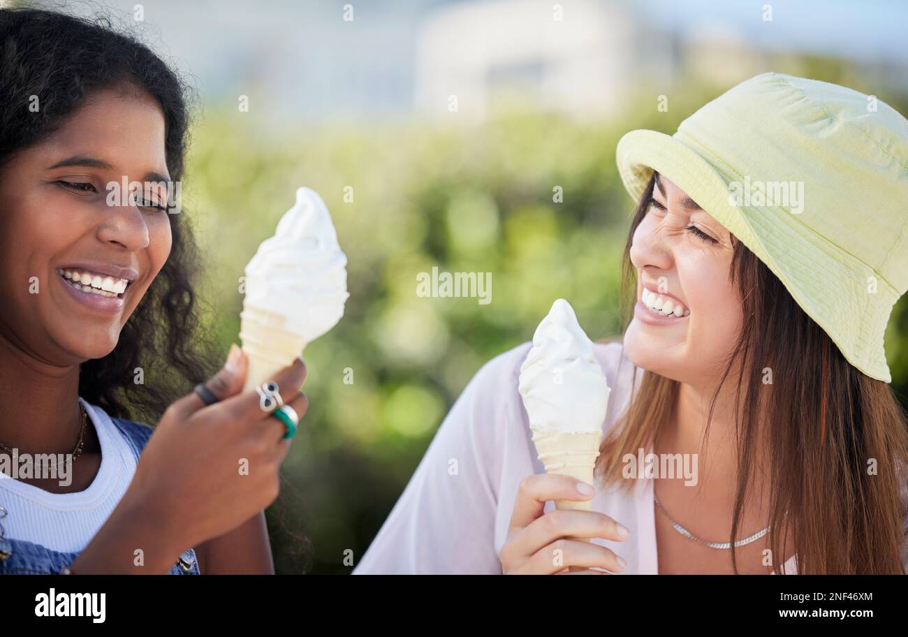 Ice cream, laughing and girl friends outdoor with dessert in summer ...