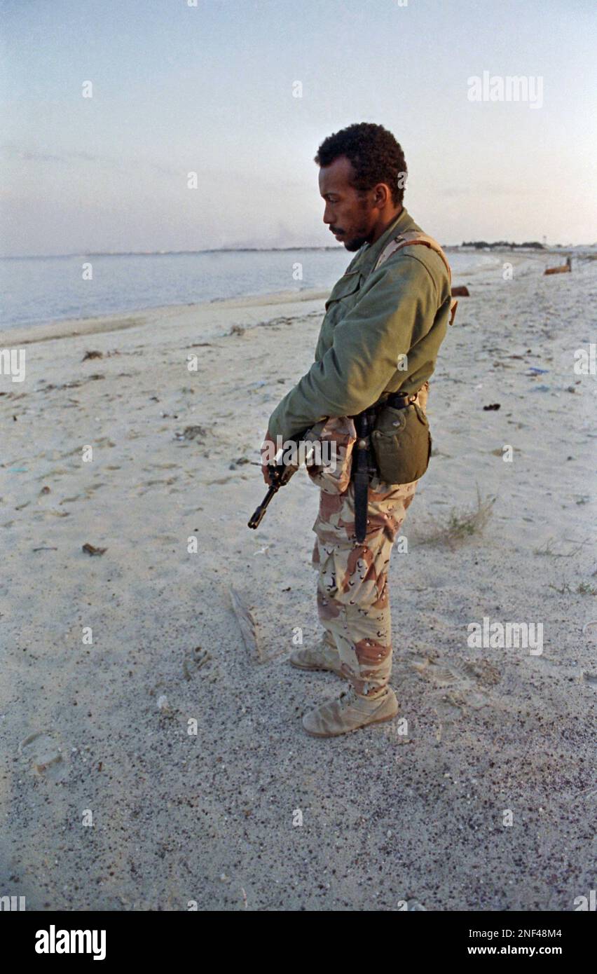 A Saudi Arabian soldier pictured on the beach near the Saudi/Kuwait ...