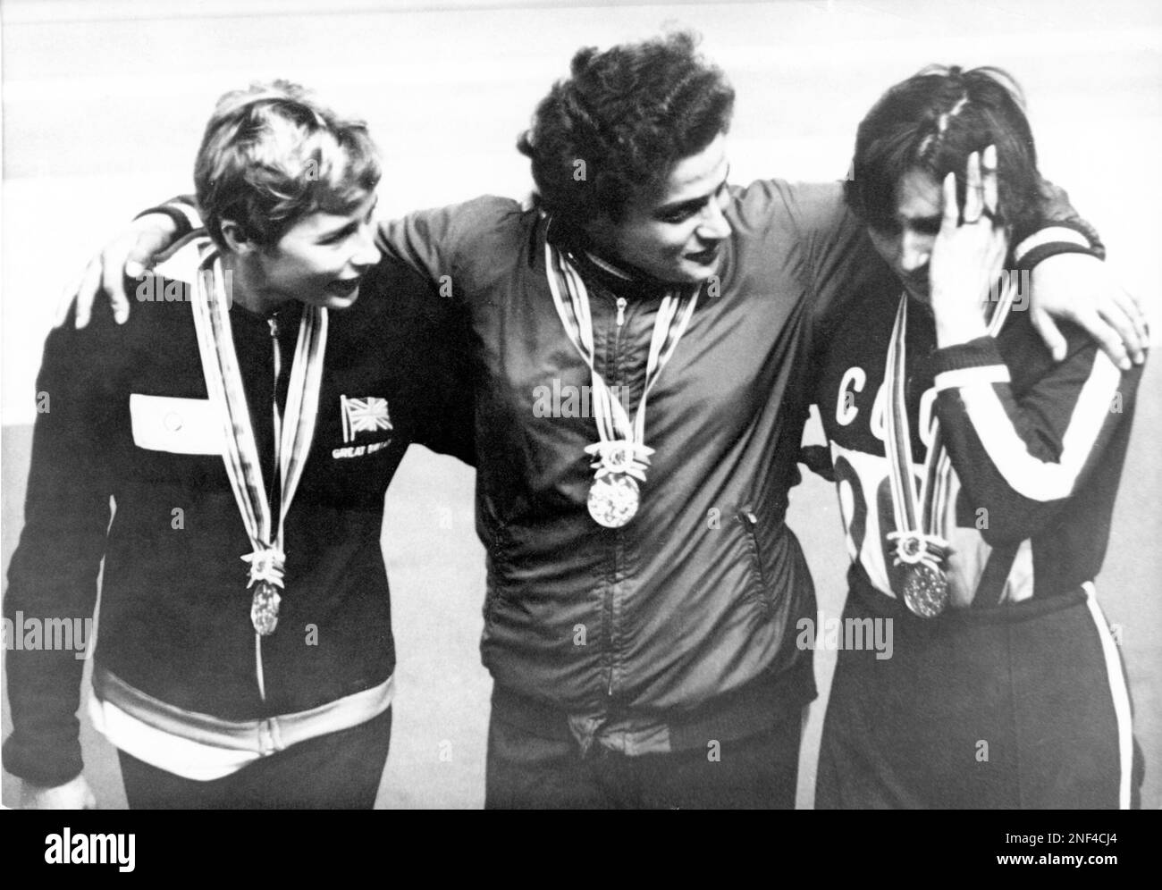 Winners of women's modern pentathlon event Oct. 17, 1964 in Tokyo. From left: Mary Rand of Great ...
