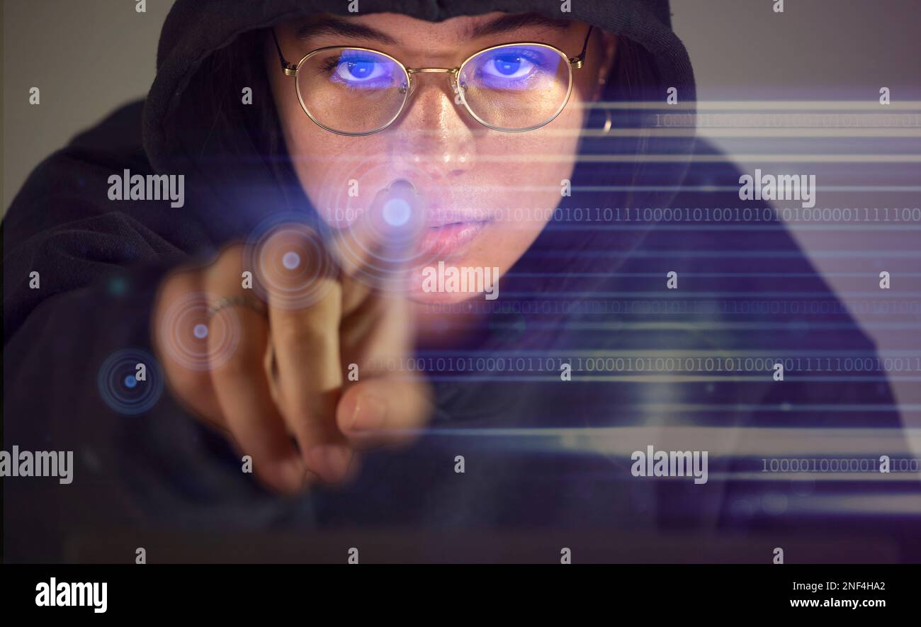 Hologram, cyber woman and touch screen portrait for 3d, futuristic or ...