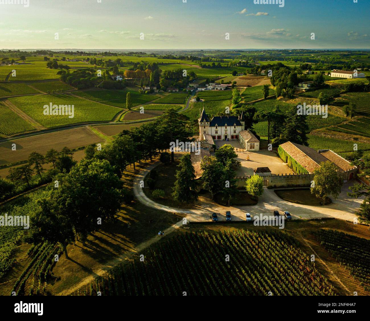 An aerial shot of the Chateau de Pressac with its vineyards, France ...