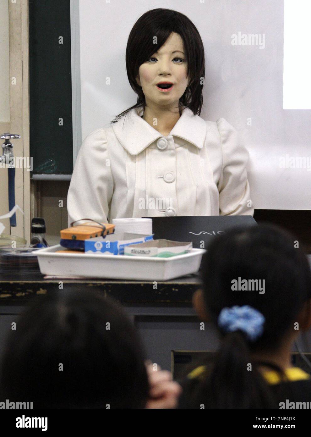 Robot teacher Saya speaks to children during her special class at Kudan ...