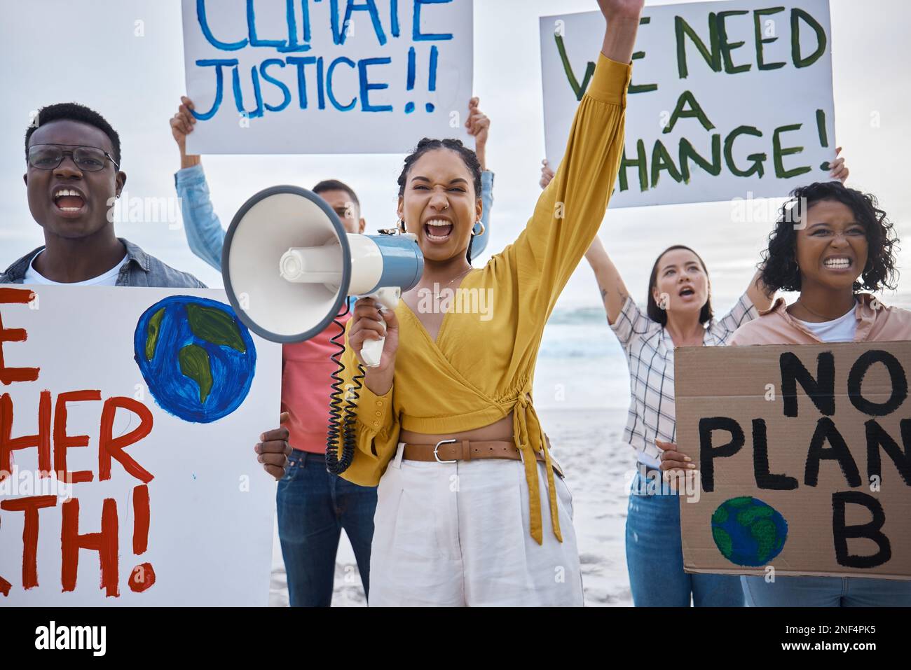 Climate change, protest and black woman with megaphone for freedom ...