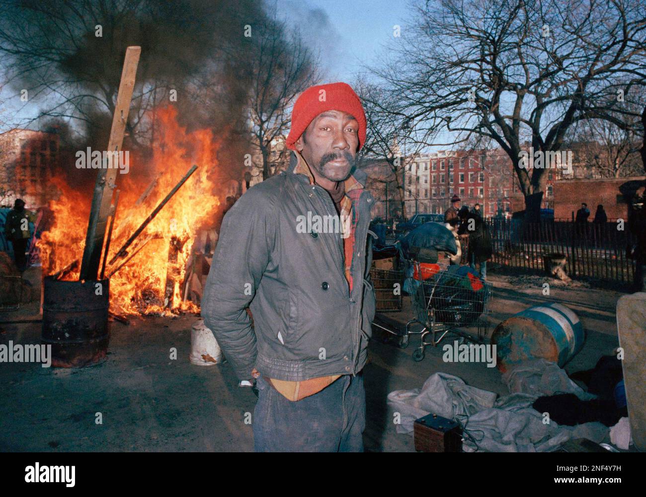 A homeless man, who identifies himself as Jojo; stands in front of his ...