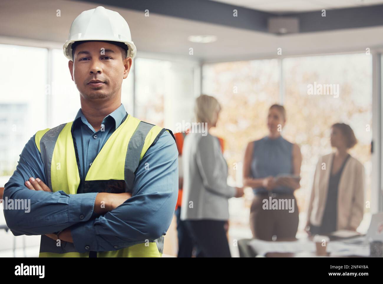 Portrait, construction worker and building with a man engineer standing ...
