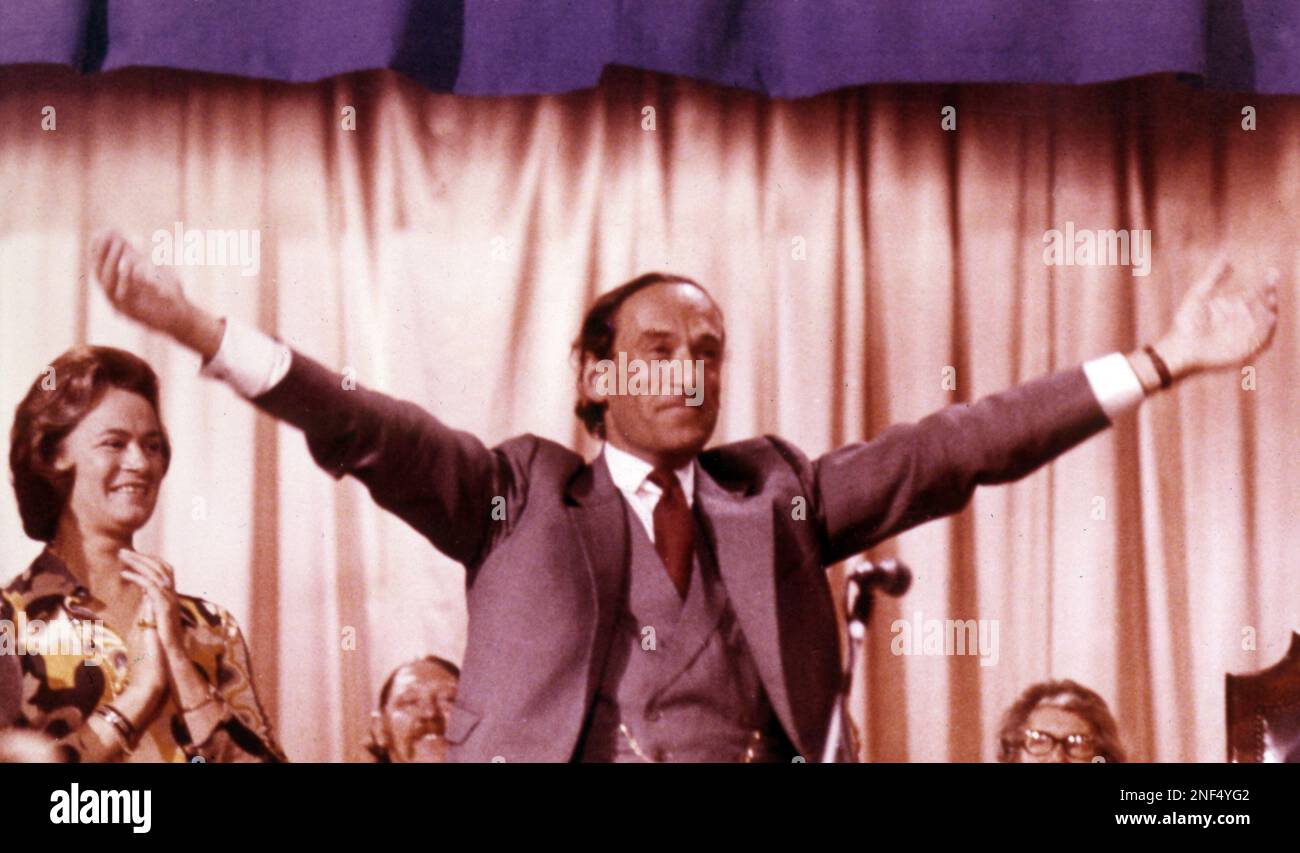 Jeremy Thorpe, Liberal Party leader spreads his arms, responding to a ...