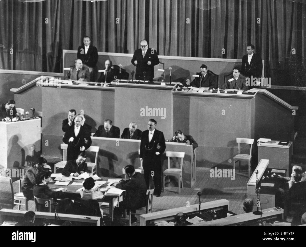 Former Belgian premier Paul Henri Spaak, standing rear center, delivers ...