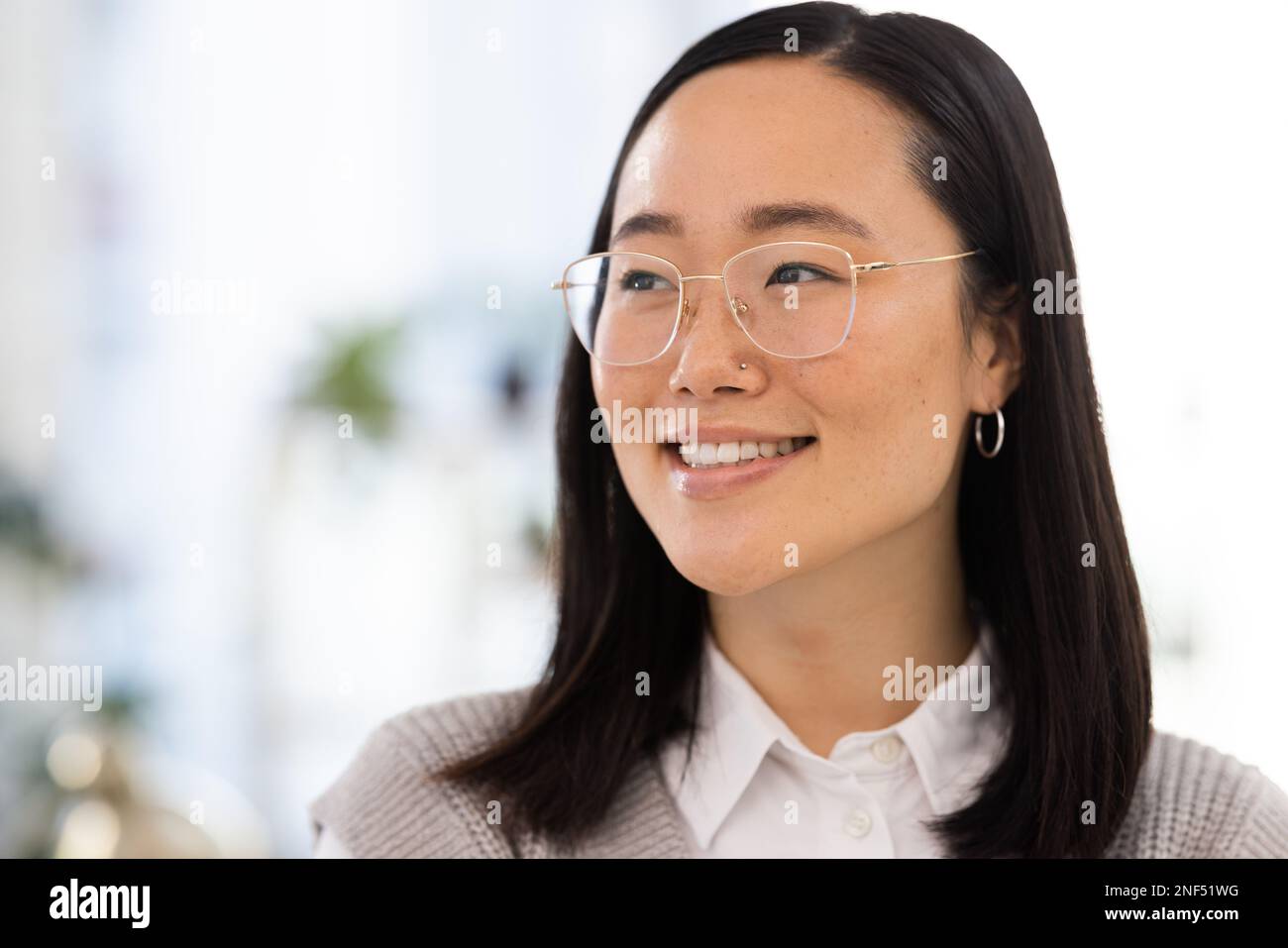 Business woman, face and smile with success and mockup space, vision ...