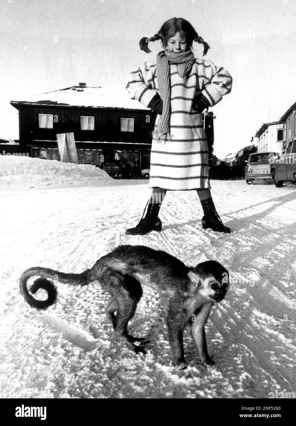 Leading star Inger Nilsson poses with a monkey during the filming of ...