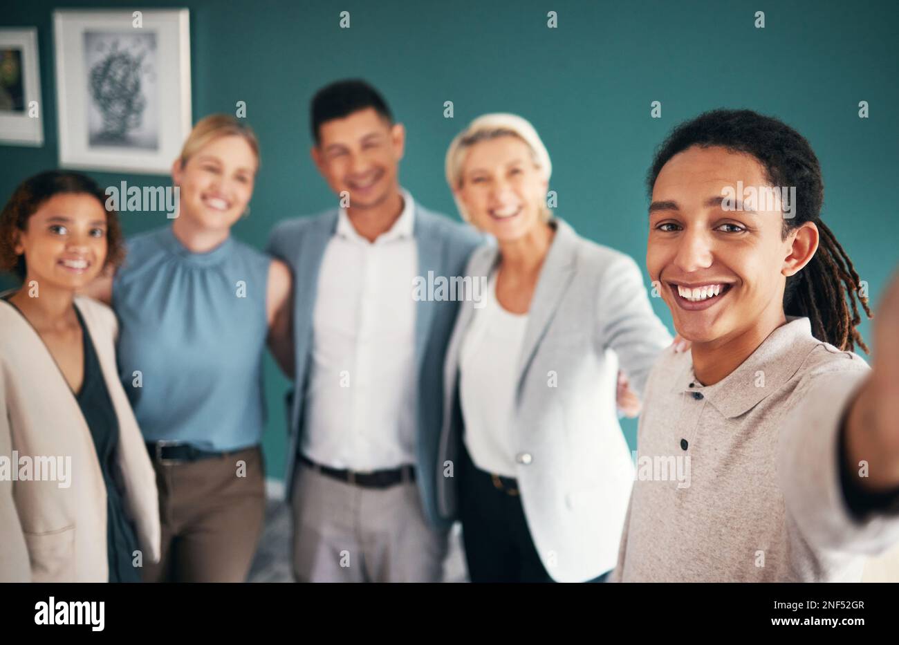 Business people, portrait smile and selfie for profile picture, vlog or ...