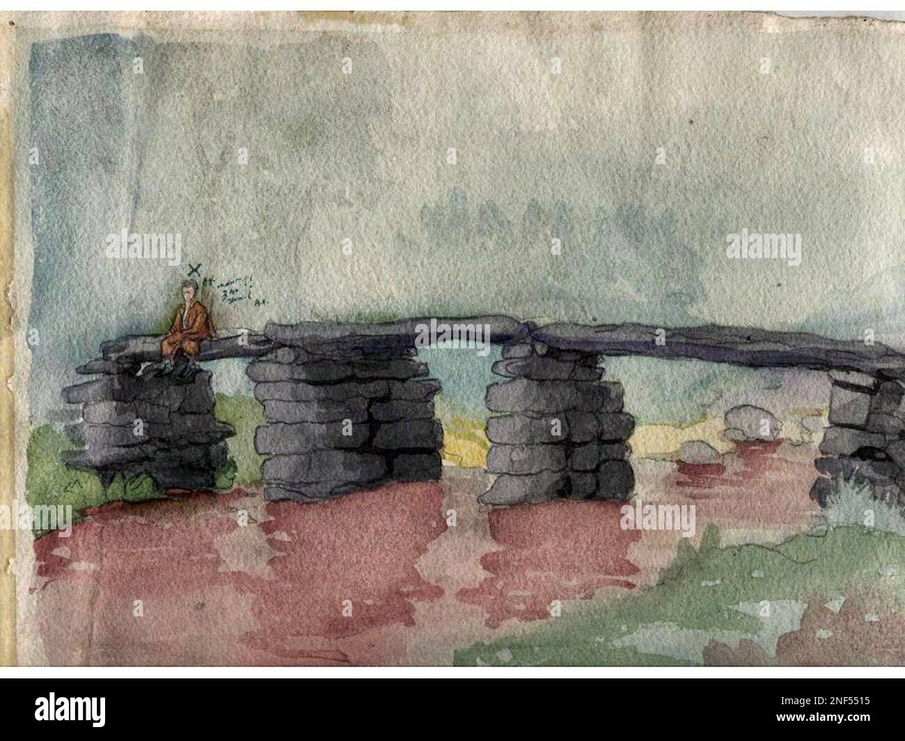 Watercolour - Hitler landscape scene with figure identified in ink with ...