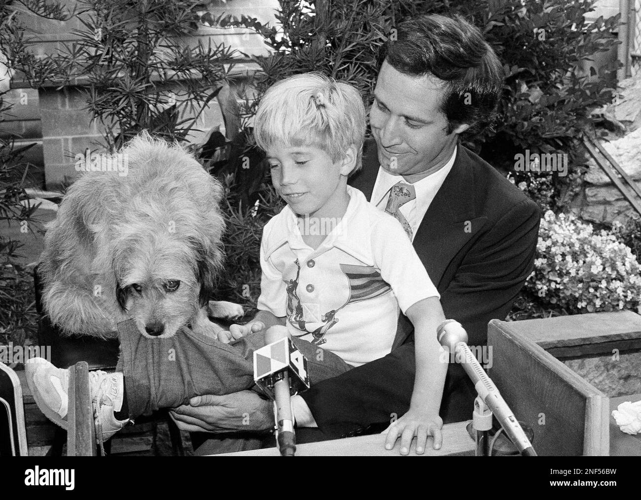 Actor Chevy Chase with dog Benji and 6-year-old Mike Botula are shown ...