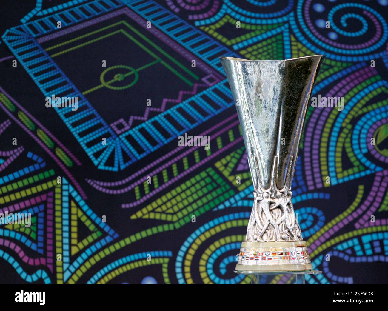 The UEFA Cup trophy is seen displayed after a handover ceremony in ...
