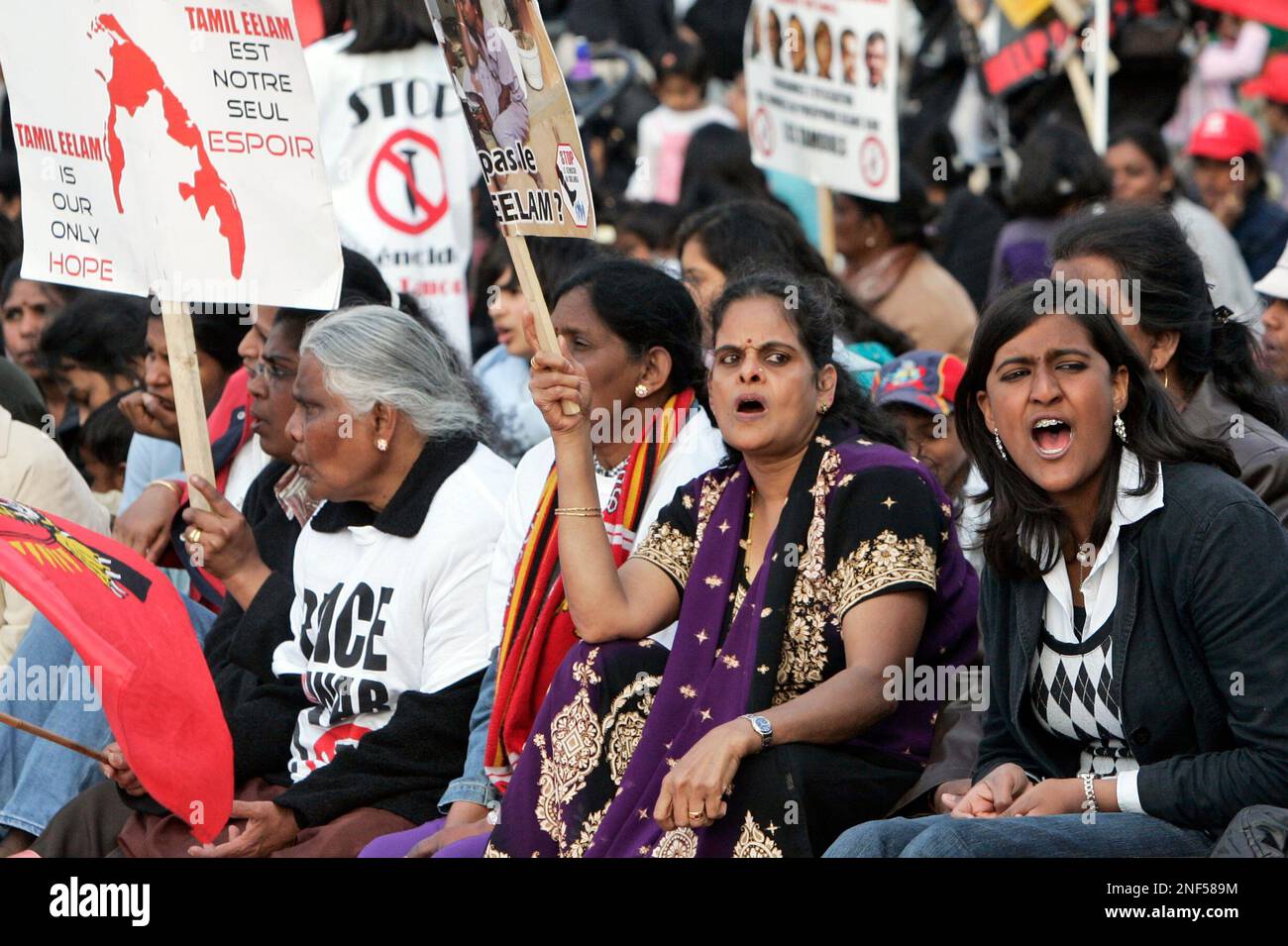 Pro-Tamil demonstrators gather at Trocadero Plaza near the Eiffel Tower ...