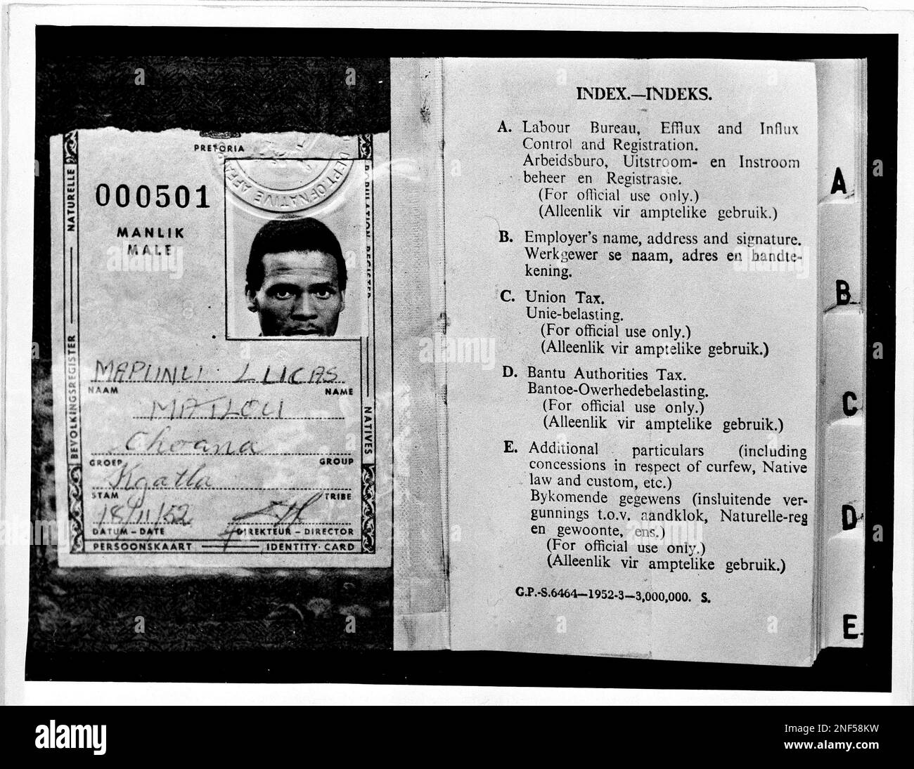 This is an example of the type of South African pass blacks must carry ...