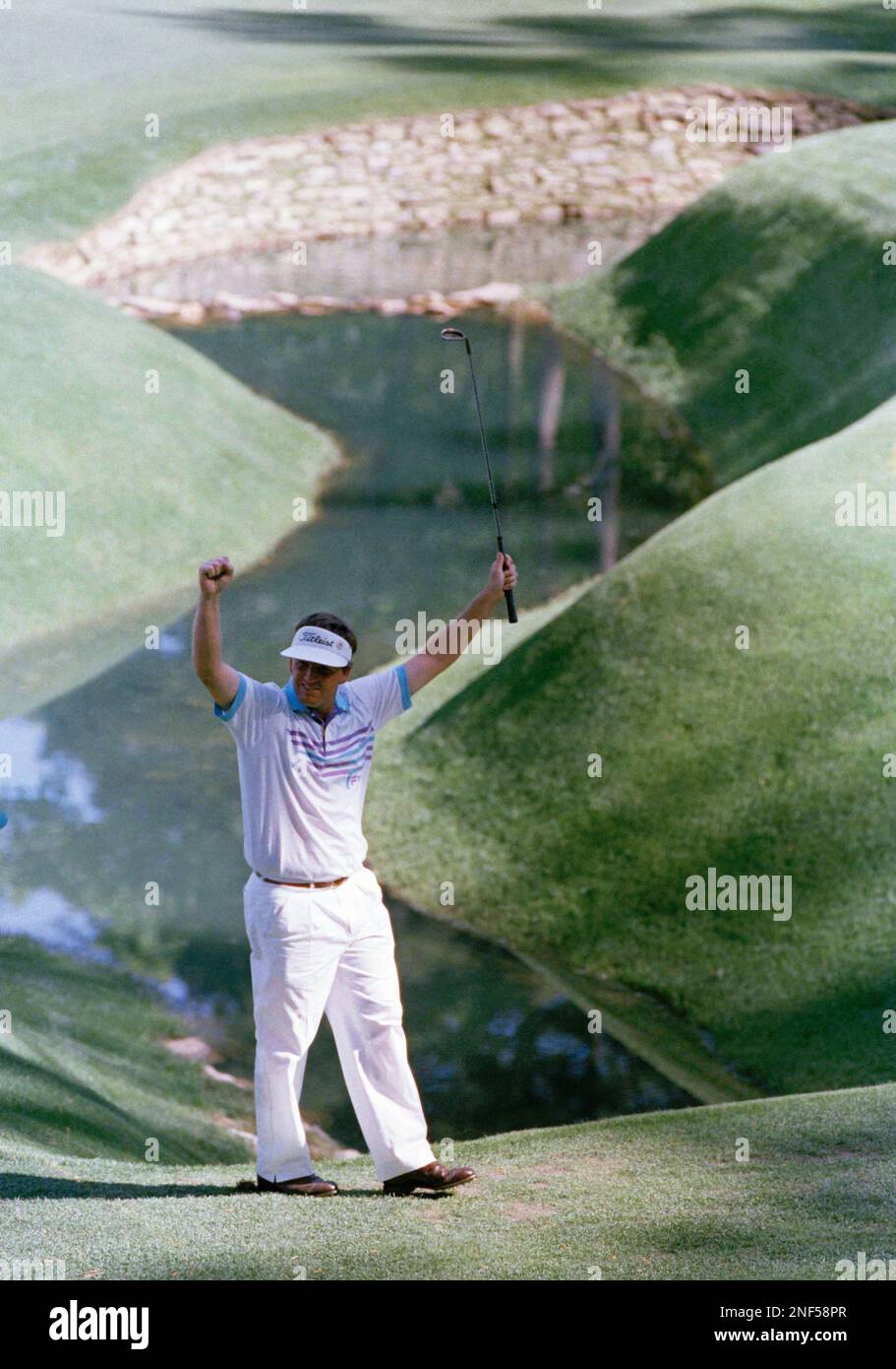 Mark Calcavecchia reacts after chipping into the hole on 13 for an ...