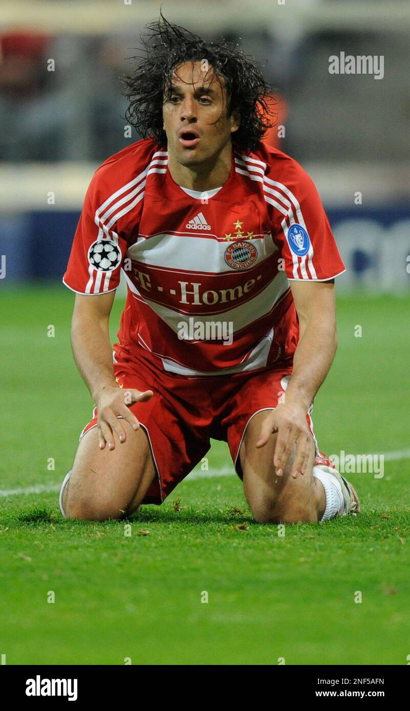 Munich soccer player Luca Toni reacts during the Champions League ...