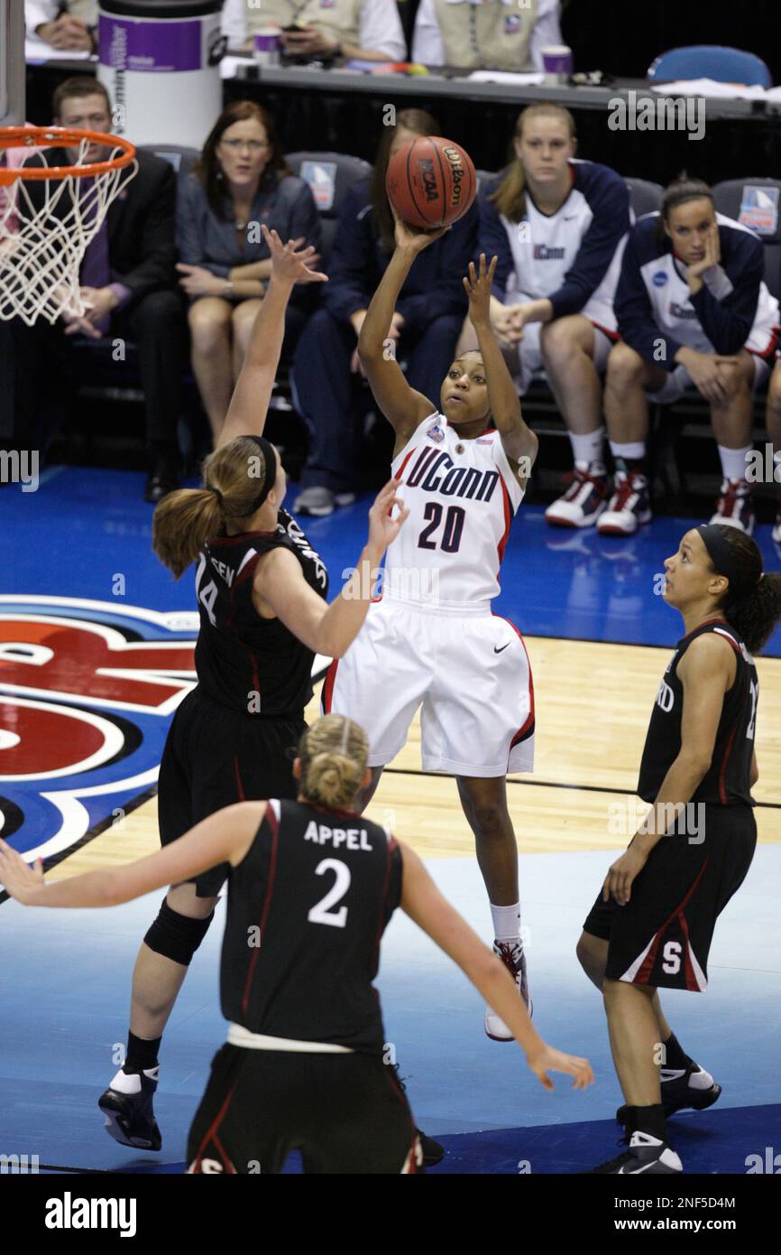 Connecticut's Renee Montgomery shoots over Stanford's Kayla Pedersen ...