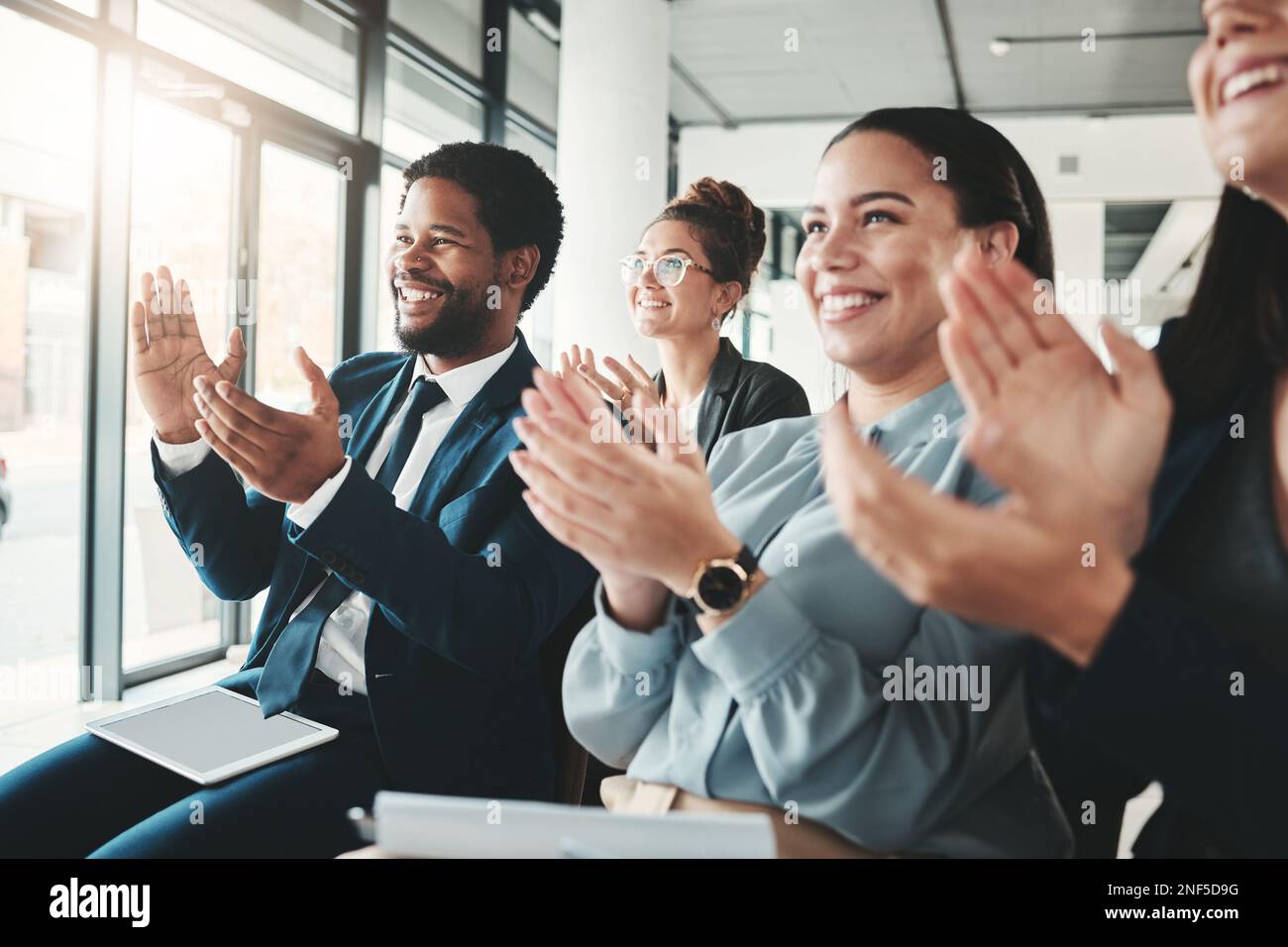 Applause, seminar and business people in meeting, conference or workshop in office. Celebration ...